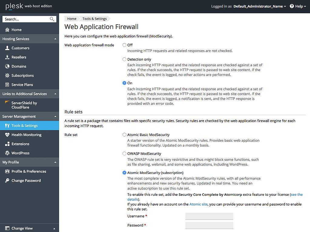 Advanced ModSecurity Rules by Atomicorp extension - Plesk