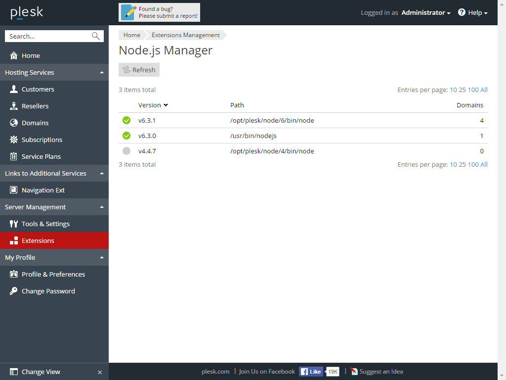 Node.js Toolkit extension - Plesk