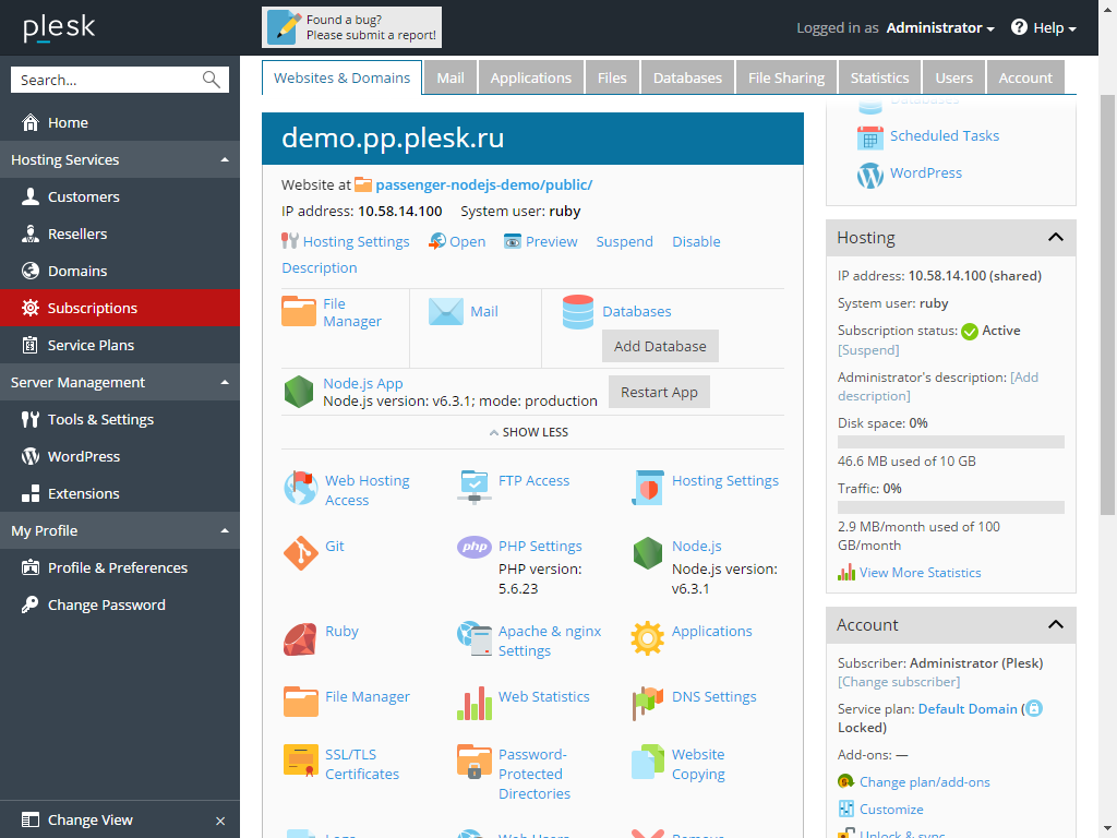 Node.js Toolkit extension - Plesk