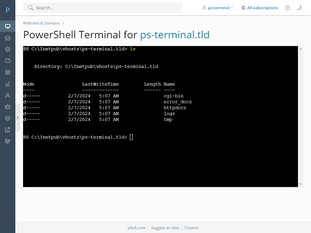 PowerShell Terminal extension - Plesk