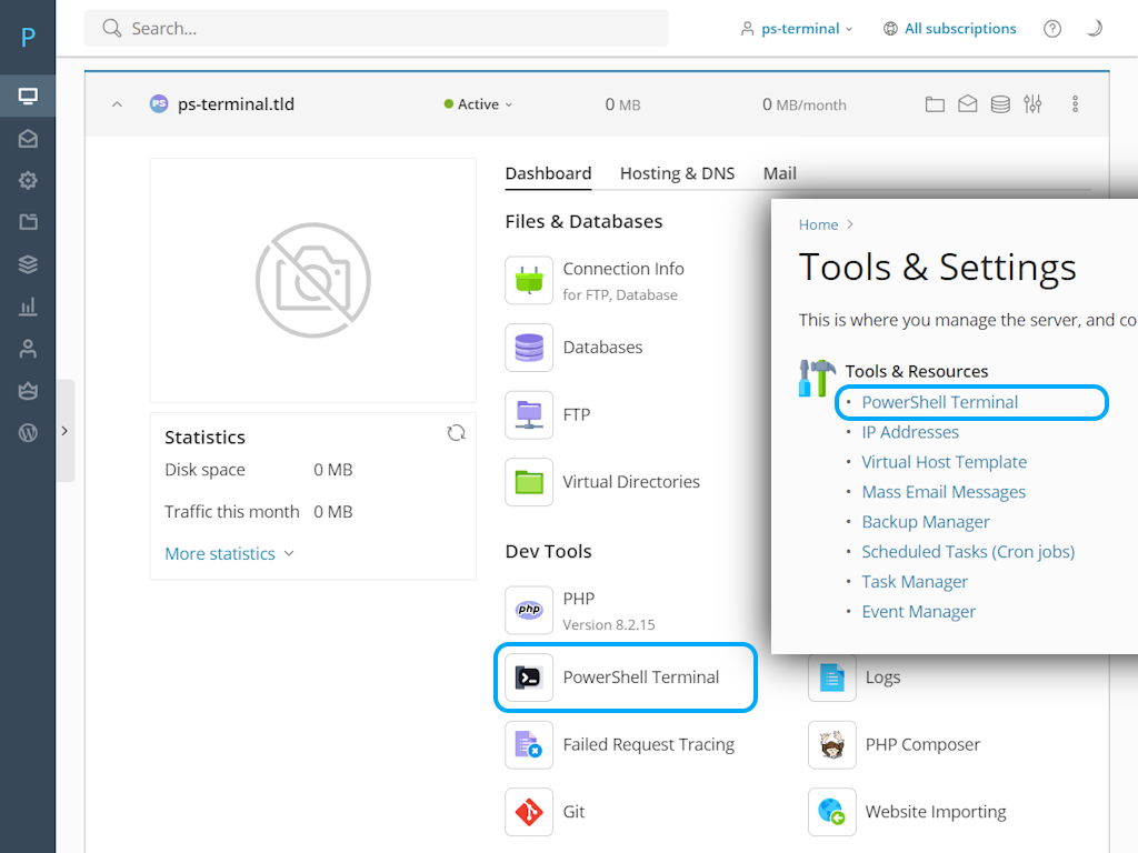 PowerShell Terminal extension - Plesk