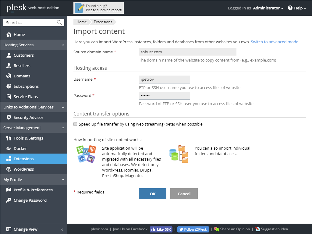 Site Import extension - Plesk