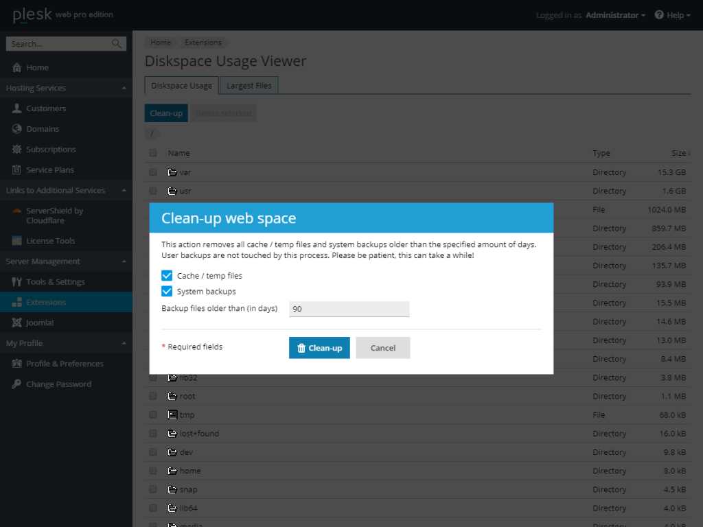 Diskspace Usage Viewer extension - Plesk