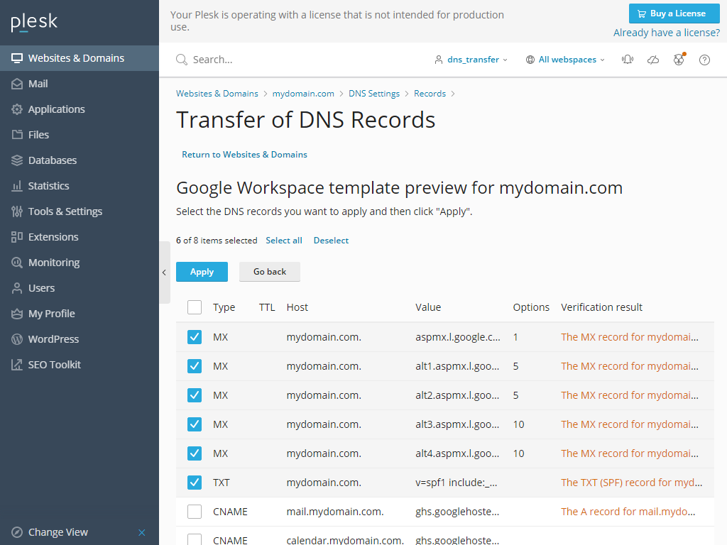 Transfer of DNS Records extension - Plesk
