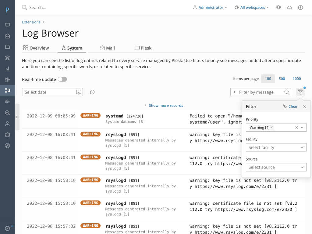 Log Browser extension - Plesk