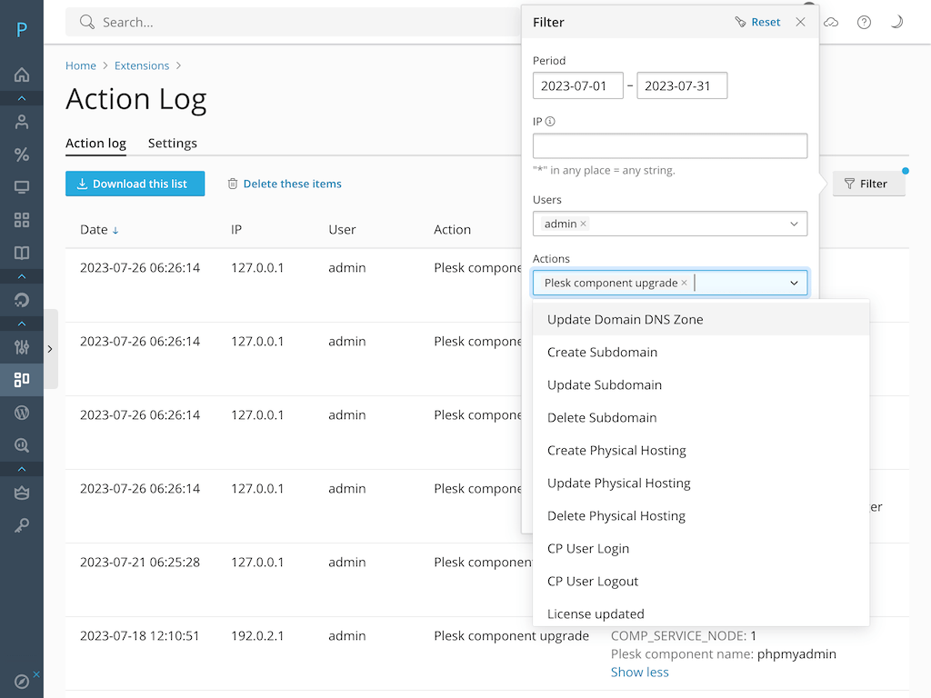 Action Log extension - Plesk