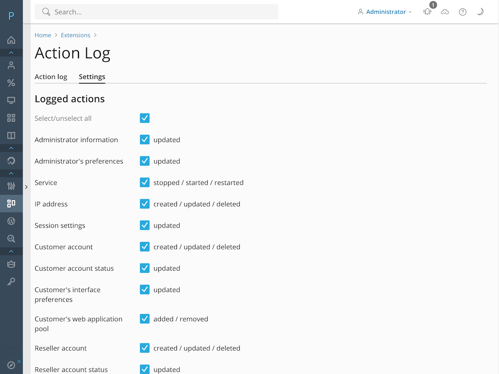 Action Log extension - Plesk