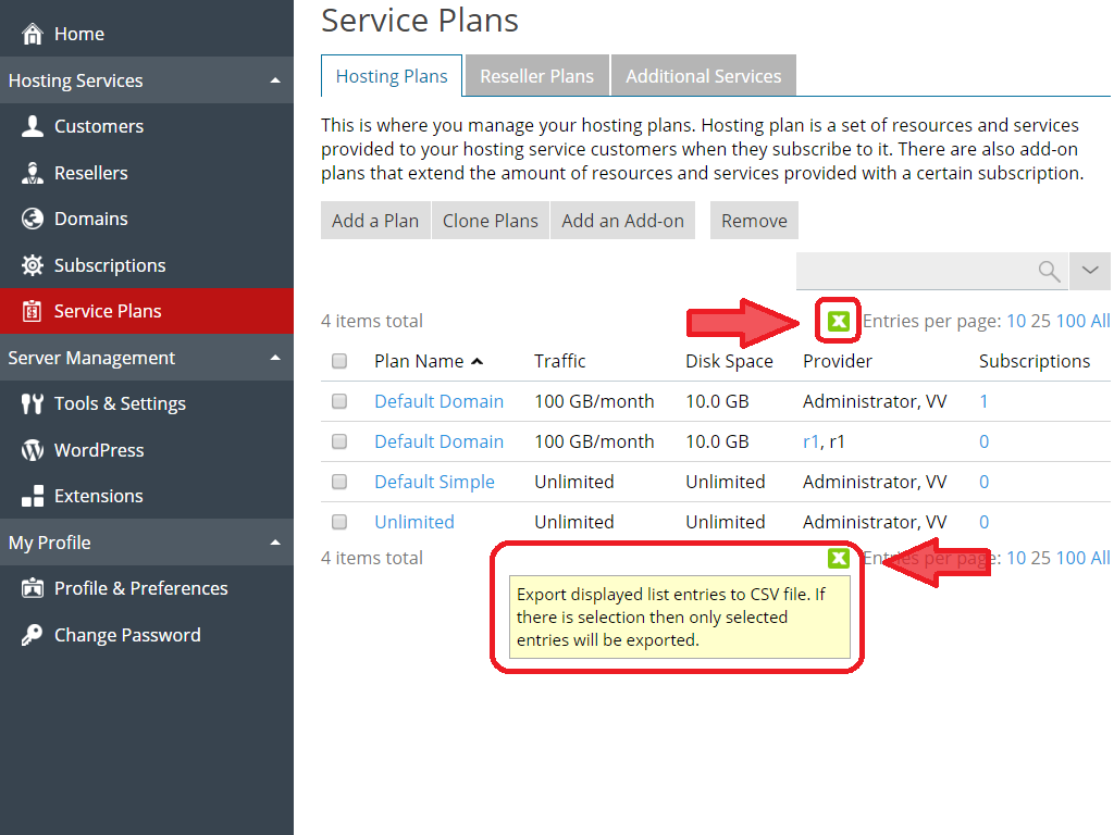 Export lists to CSV extension - Plesk