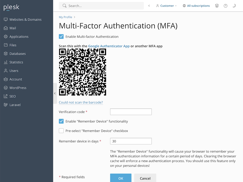 Multi-Factor Authentication (MFA) extension - Plesk