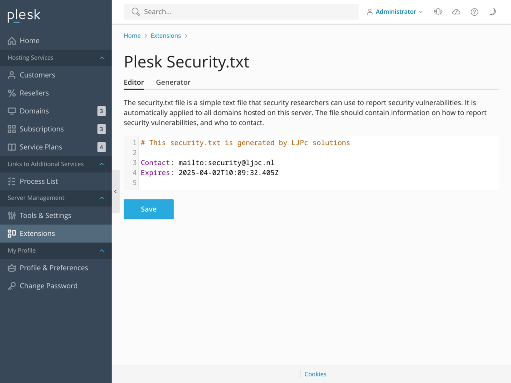 Security.txt extension - Plesk