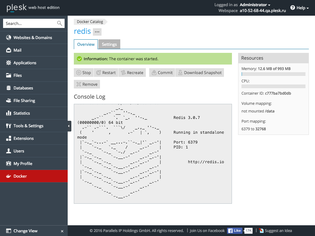 Docker extension - Plesk