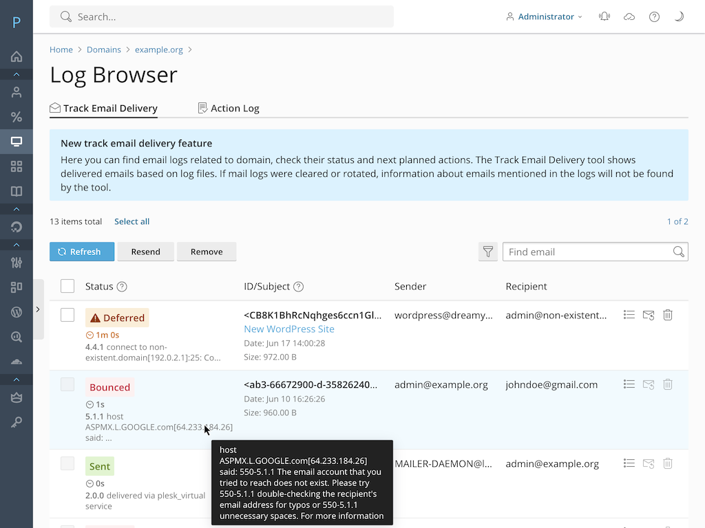 Log Browser extension - Plesk