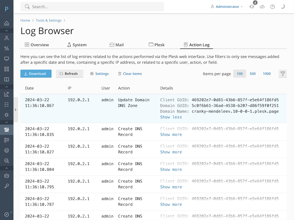 Log Browser extension - Plesk