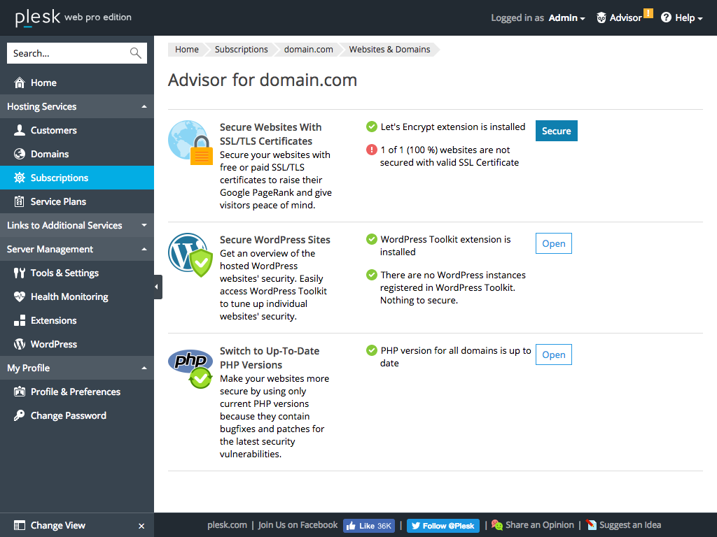 Advisor extension - Plesk