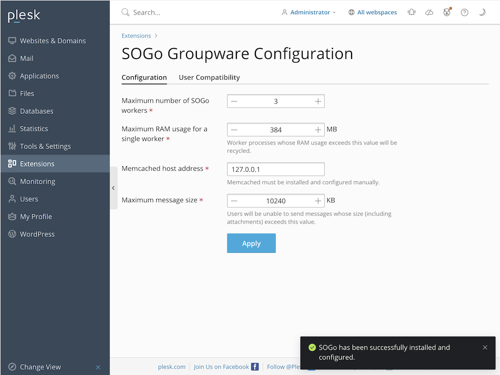 SOGo Webmail extension - Plesk