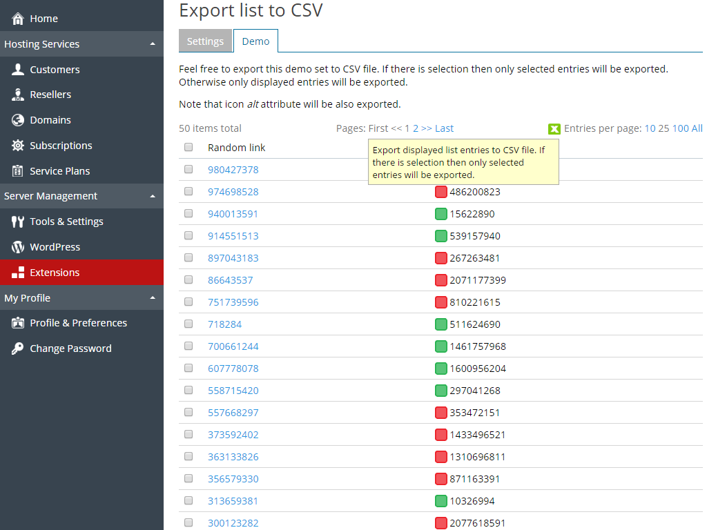 Export lists to CSV extension - Plesk