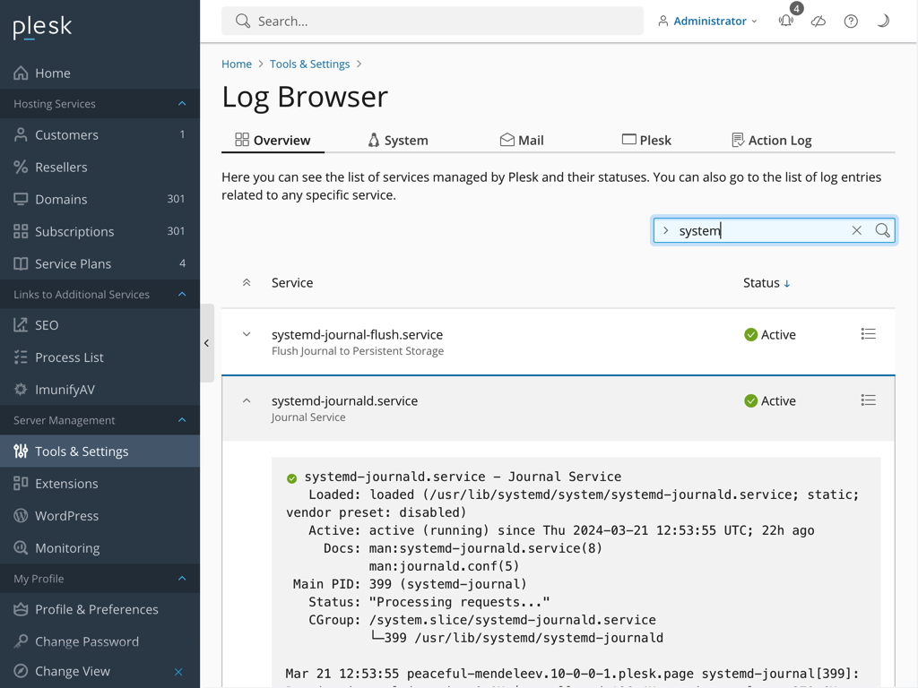 Log Browser extension - Plesk